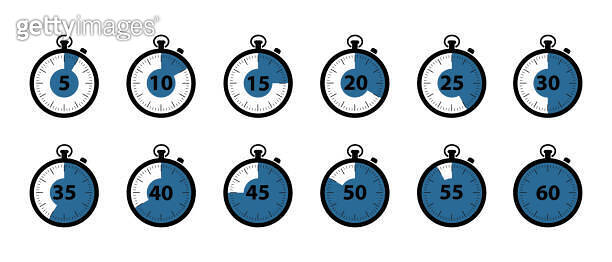 Timer Icons 5 Minutes To 1 Hour - Black And Blue Vector Illustrations ...