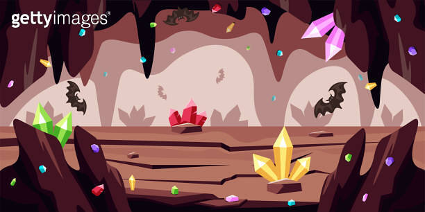 Vector illustration of beautiful cave. Cartoon cave landscape with gems ...