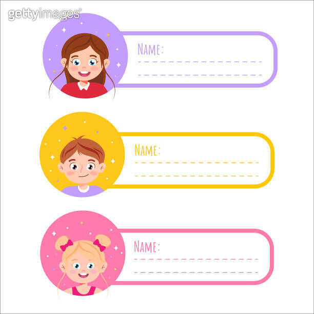 Set of beautiful name tags for school, kindergarten in a cartoon style ...