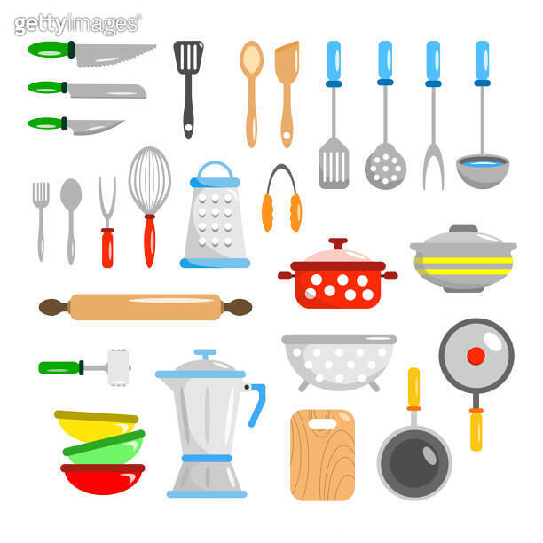 Set of colorful kitchen tools in cartoon style. Vector illustration of ...