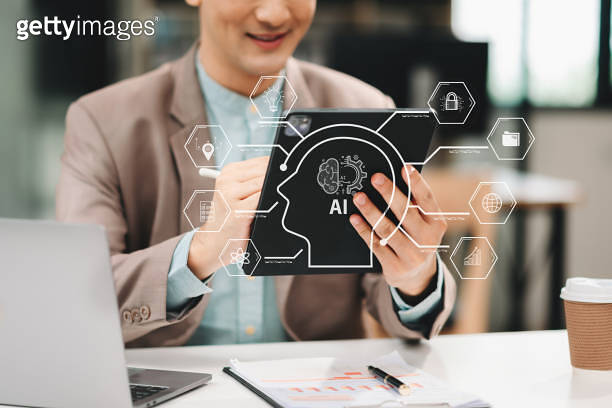 Man using chatbot in computer and tablet smart intelligence Ai.Chat with AI Artificial ...