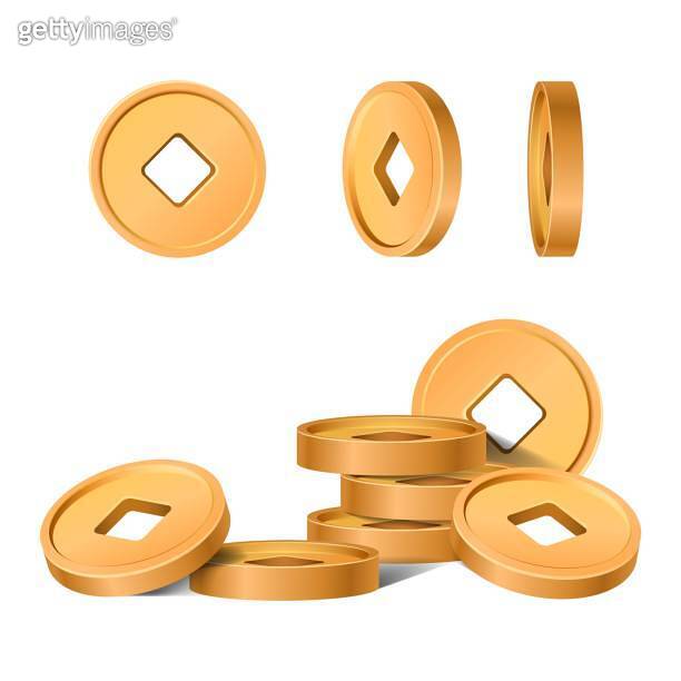 3d traditional Chinese golden coins with square hole. Ancient old gold ...