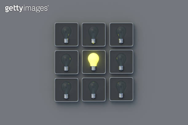 Innovative breakthrough. Glowing light bulb on button. Artificial ...
