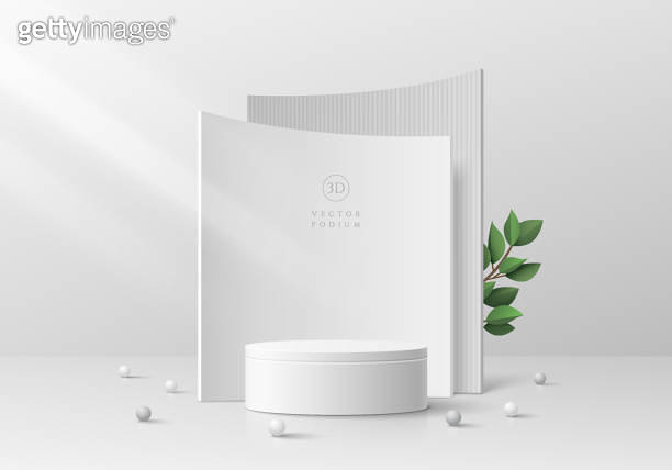 3D realistic white cylinder pedestal podium background with curve ...