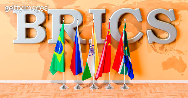 BRICS summit, flags of all members BRICS in room. 3D rendering ...