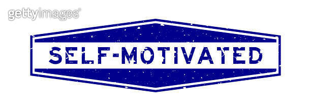 Grunge blue self motivated word hexagon rubber seal stamp on white ...