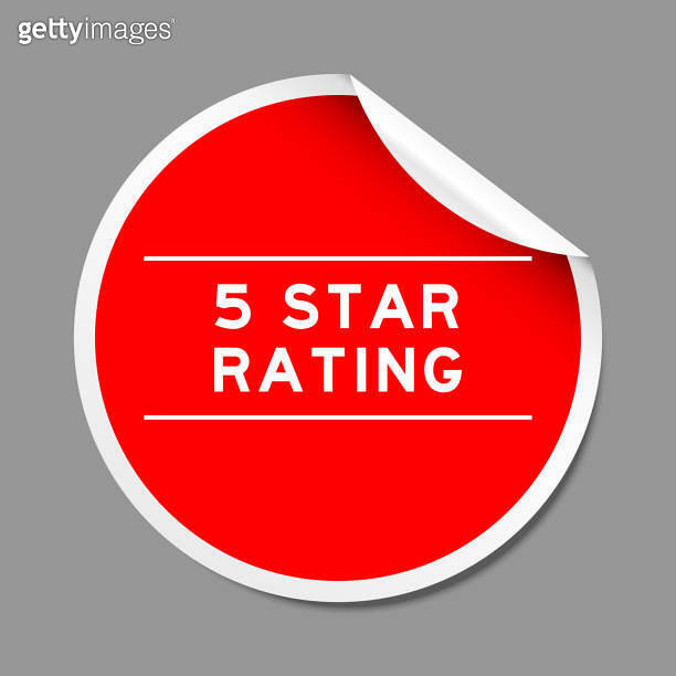 Red color peel sticker label with word 5 star rating on gray background ...