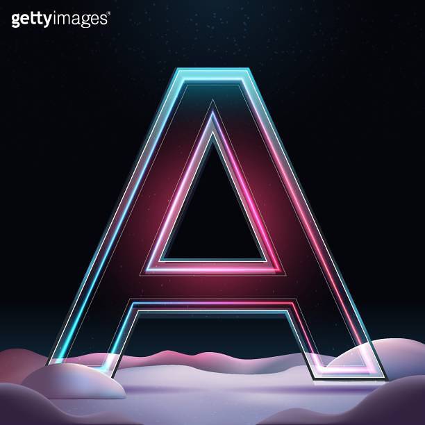 3D letter A with neon light insight. Glass letter with sparkles and ...