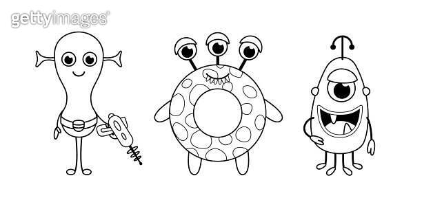 Extraterrestrials and space monsters. Coloring page. Black and white ...