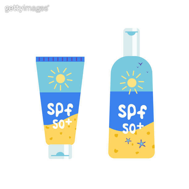 Sunscreen cream spf 50 in tube and bottle. Sun safety cosmetic. Flat ...
