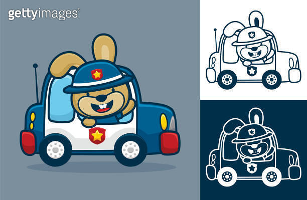 Rabbit wearing cop hat on police car. Vector cartoon illustration in ...