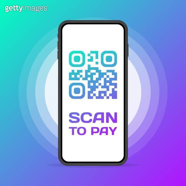 Scan to pay icon. Flat, purple, phone screen, qr-code icon, scan to pay ...
