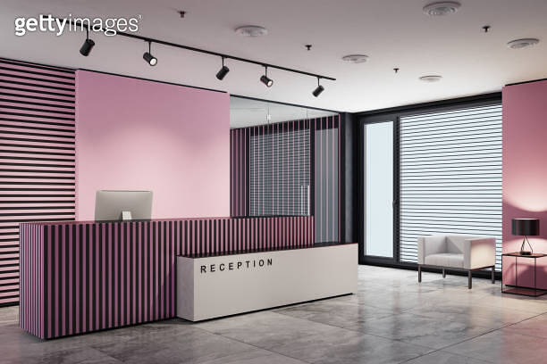 Modern pink style office interior reception area with big desk ...
