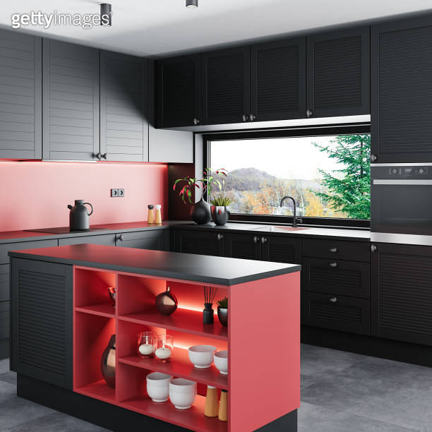 Black and Red Modern minimalist kitchen with long island. Dark matte ...