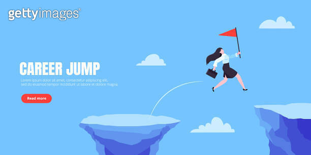 Businesswoman jumps over the abyss across the cliff flat style design ...