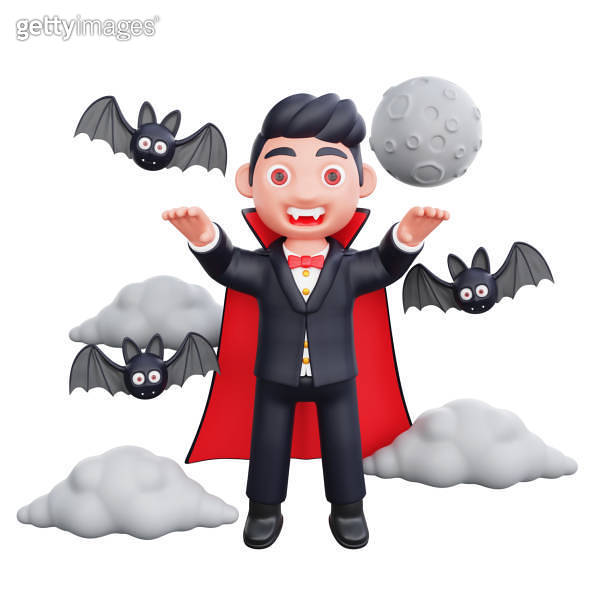 3d cute Vampire doing scary pose while flying halloween design ...
