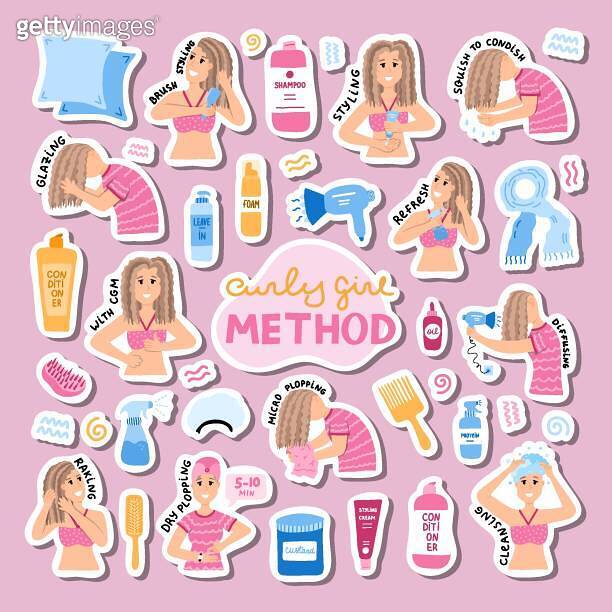 Big doodle sticker set about Curly Girl Method. Cosmetic products, hair ...
