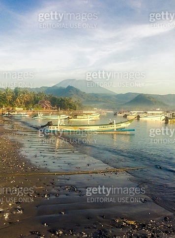 Aerial view of fishing boats moored on the shore line Bali (1453982282 ...