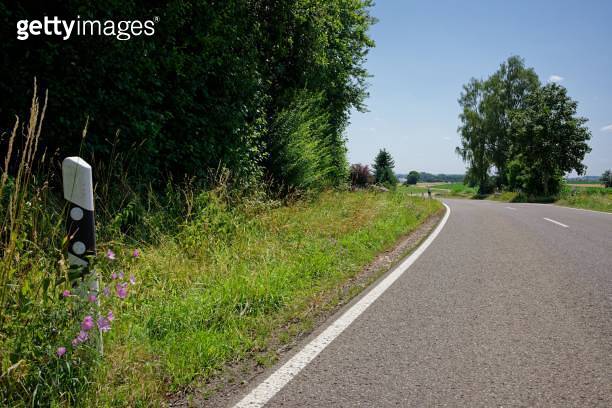 Closeup of a long country road through lush green on a sunny day in ...