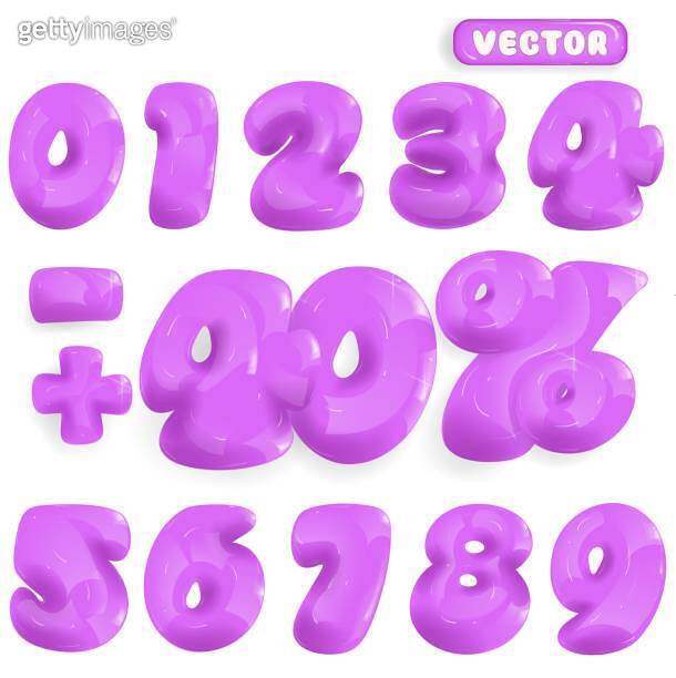 Purple numbers from 0 to 9. Collection of voluminous inflated lilac ...