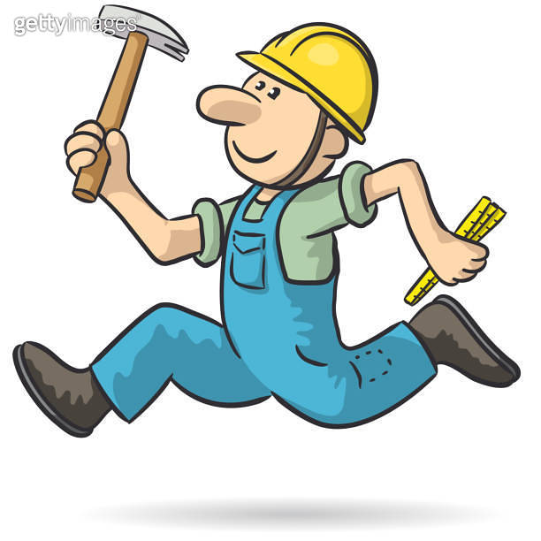 Drawing of a cheerful carpenter running with a hammer, vector ...