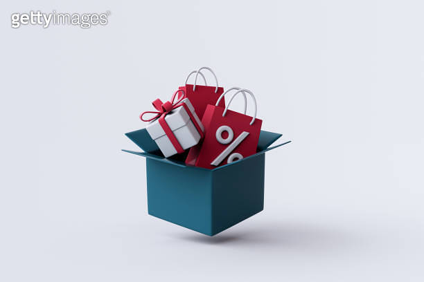 3D rendering of open Cardboard box with floating gift and shopping bag ...