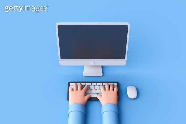 Cartoon hands are working at the computer, isolated on a blue ...