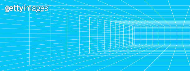 White rectangle wireframe in perspective on blue background. Room, hall ...