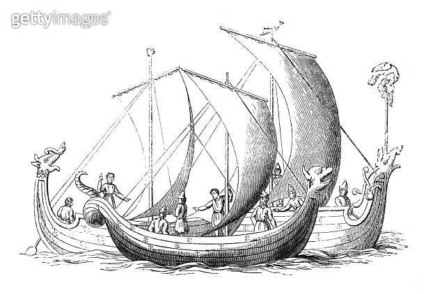 Medieval Anglo-Saxon ships - Vintage engraved illustration 이미지 ...