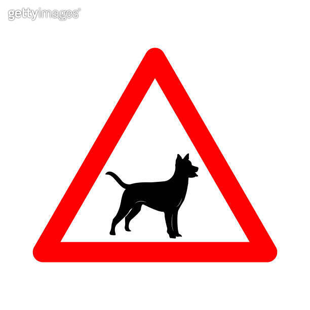 Dog sign. Angry dog warning sign. Red triangle sign with silhouette of ...