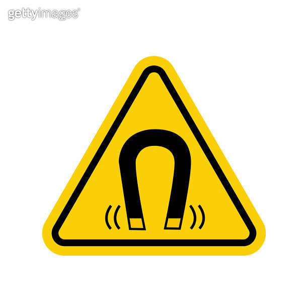 Magnetic field sign. Yellow triangle. Danger. Warning sign. Danger zone ...