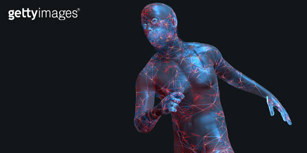 Transparent human body in motion with internal connections to ...