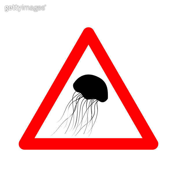 Jellyfish sign. Jellyfish warning sign. Red triangle sign with ...