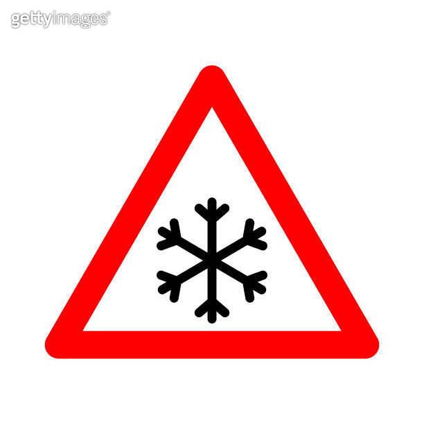 Snowfall sign. Snowfall warning sign. Red triangle sign with a ...