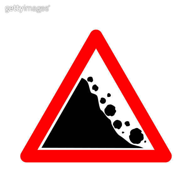 Falling stones sign. Warning road sign falling stones. Red triangle ...