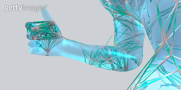 Transparent human body in motion with internal connections to ...