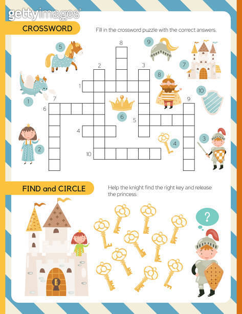 Activity page for kids find right key, crossword. Game set worksheet ...