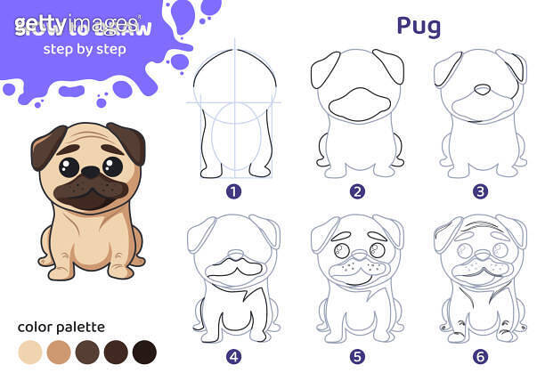 Drawing tutorial for kids. Education worksheet. How to draw pug ...
