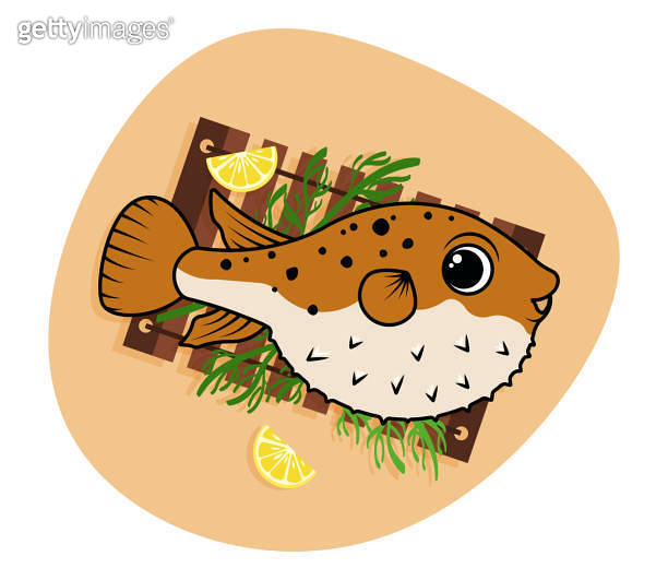 Cartoon illustration with cute and funny puffer fish on the board with ...