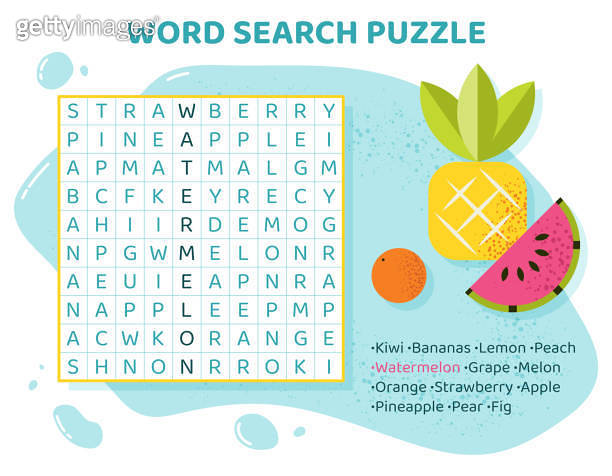 Word search puzzle with fruits and berries. (1734191029) - 게티이미지뱅크