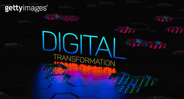 DIGITAL TRANSFORMATION text concept neon glowing in blur. Application ...
