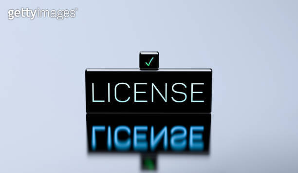 LICENSE word, text with checkmark. License neon concept on blocks ...