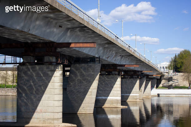 Bridge over river. The structure of the bridge. Reinforced concrete ...
