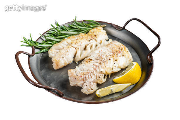 Roast Fillets of codfish, cooked cod fish meat. Isolated, white ...