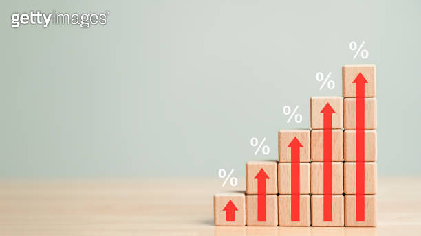 Rising percentage Interest rate financial bar chart with high up arrow ...