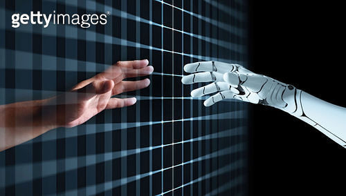 Hands of Robot and Human Touching together through computer moniter ...