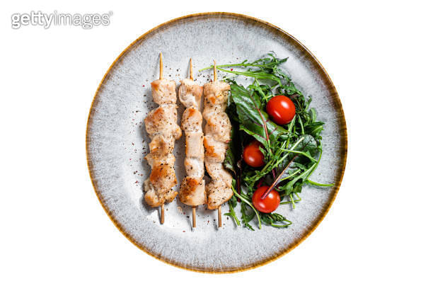 Chicken skewers souvlaki, grilled meat shish kebab skewers. Isolated on white background. 이미지 ...