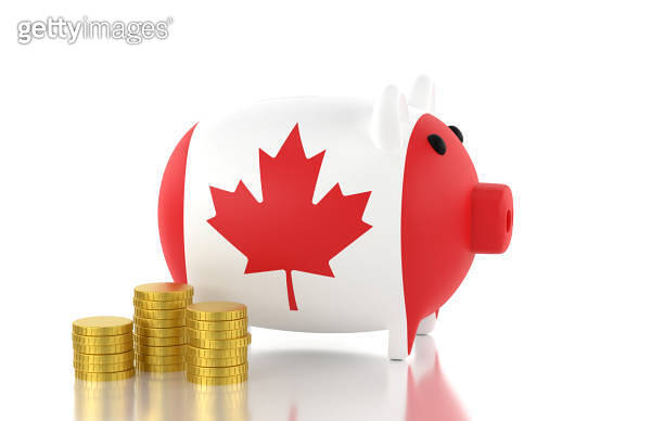 Piggy Bank Textured with Canadian Flag and Coins isolated on White ...