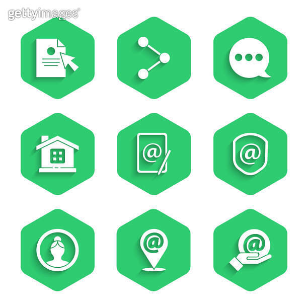 Set Mail and e-mail, Location, in hand, Shield with, Create account screen, House, Speech bubble ...