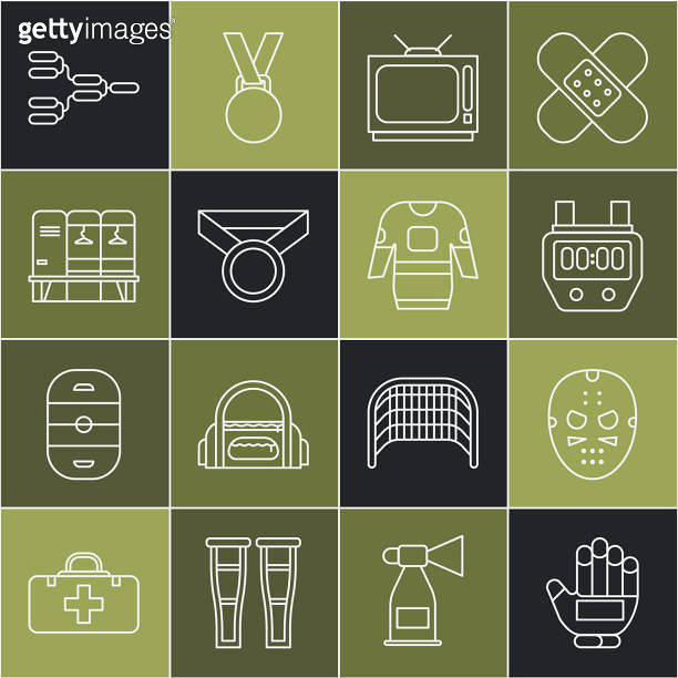 Set line Hockey glove, mask, Stopwatch, Retro tv, Medal, Locker or ...